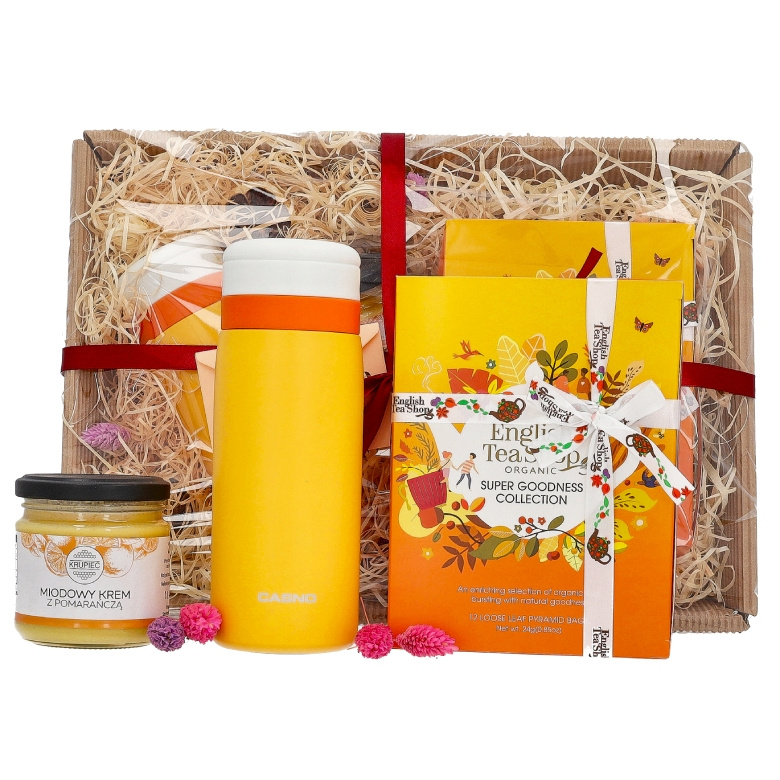 Zestaw prezentowy z żółtą butelką termiczną, herbatą i miodem z ...